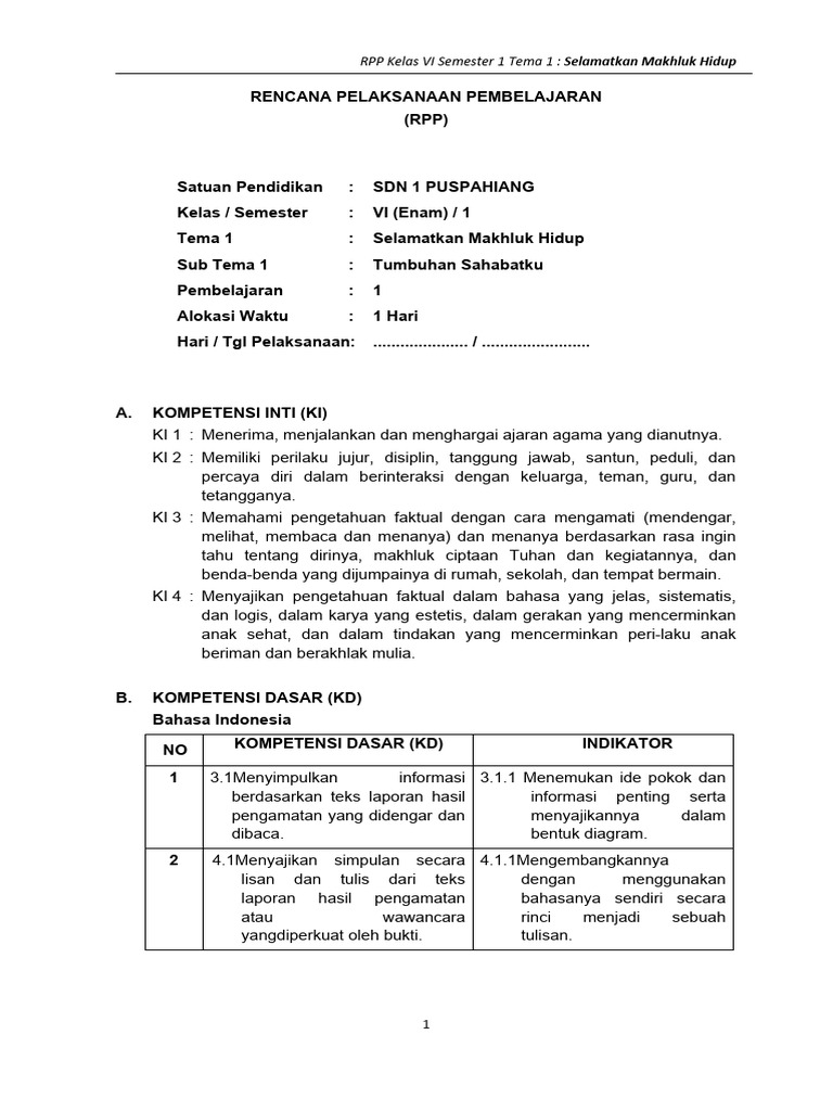 RPP K6 Tema 1 Selamatkan Makhluk Hidup | PDF