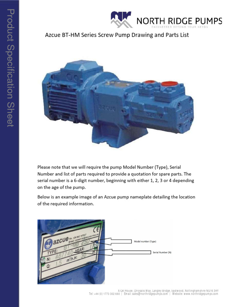 Azcue BT HM Series Screw Pump English - Partslist | PDF