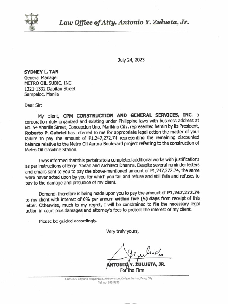 Demand Letter Metro Oil Subic 2023 | PDF