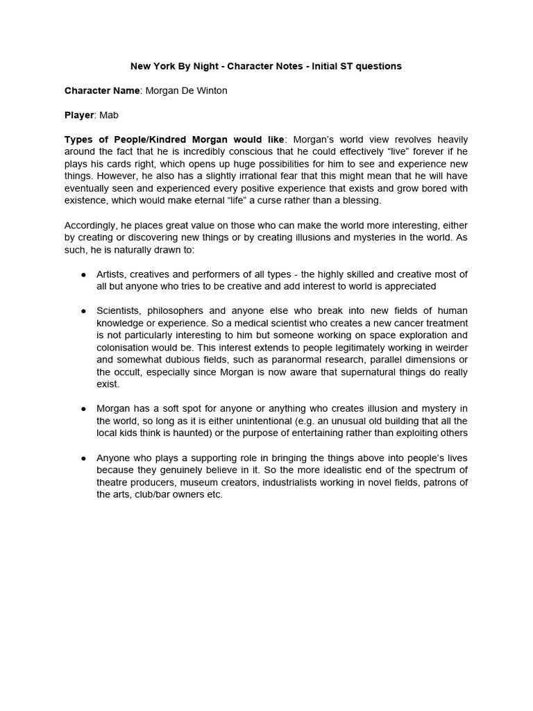 NY by Night - Morgan Character Notes (Mab) | PDF