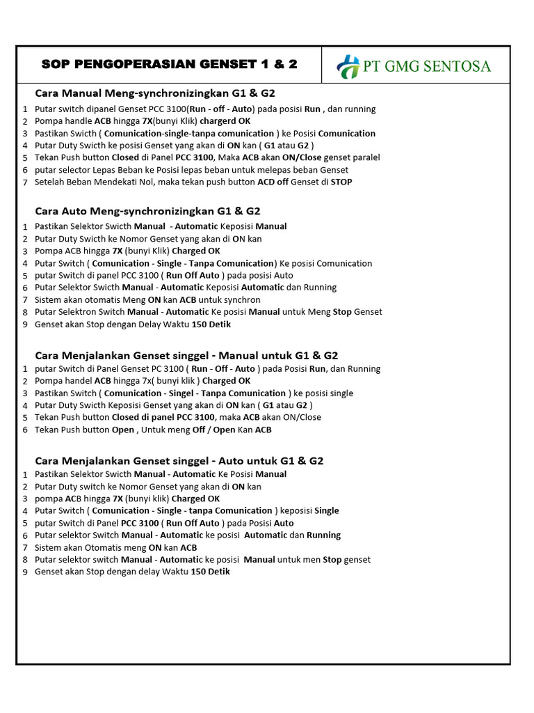 Sop Pengoperasian Genset | PDF