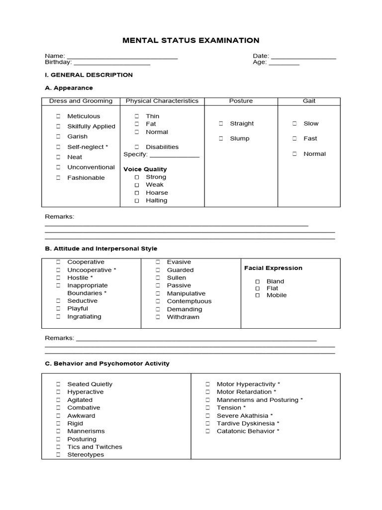 Mental Status Examination Checklist | PDF | Delusion | Aphasia