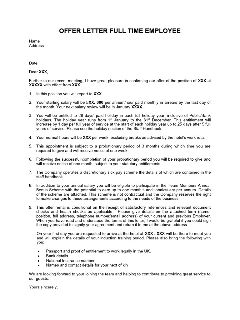 Offer Letter - Full Time Employee | PDF | Salary | Employment