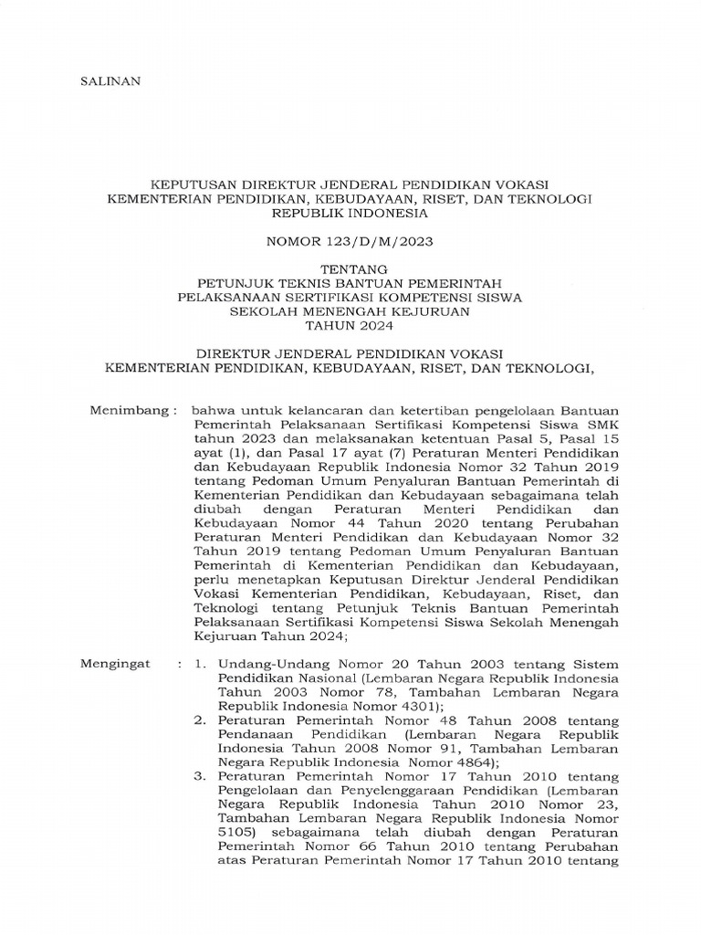123.SK Dirjen Juknis Banpem Pelaksanaan Sertifikasi Kompetensi Siswa SMK Tahun 2024 | PDF