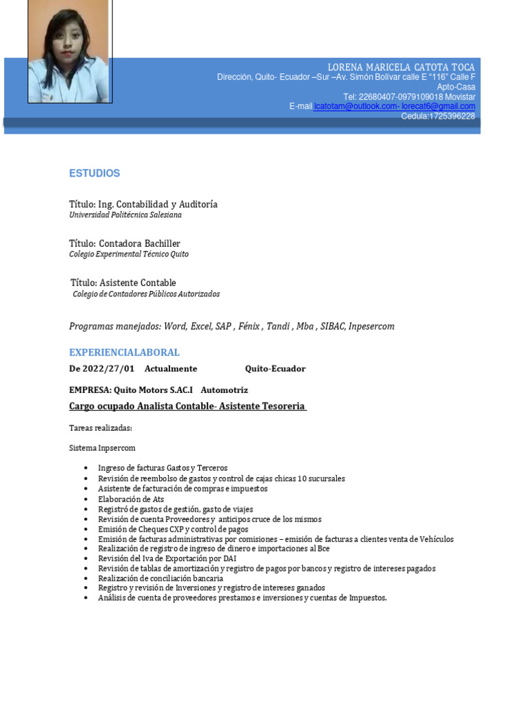 CV Lorena Catota Actualizado 2023 | PDF | Contabilidad | Contador
