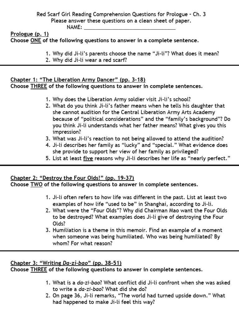 Red Scarf Girl Reading Comp Questions | PDF