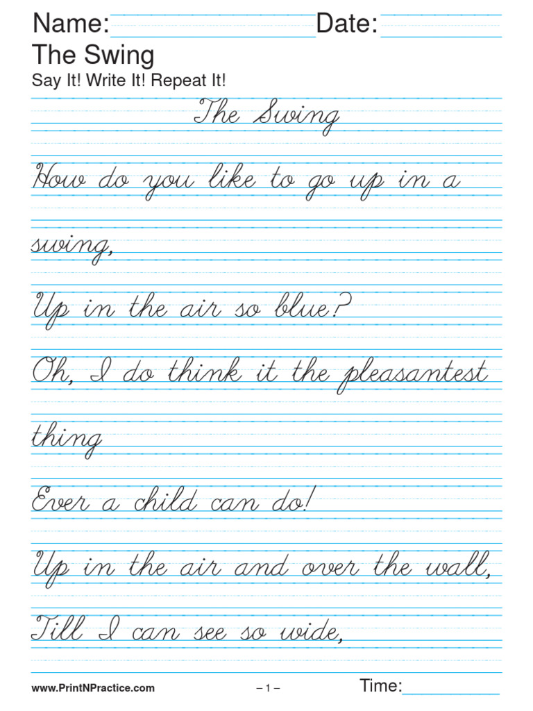 Cursive Practice - The Swing | PDF