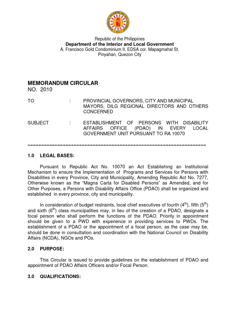 RA 10070 PWD Affairs Office PDAO | PDF | Government | Justice