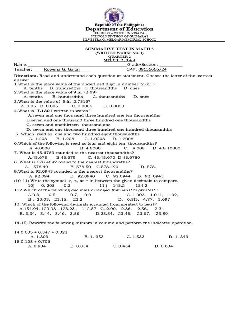 Q2 Math 5 Summative Test | PDF | Lexicology | Encodings