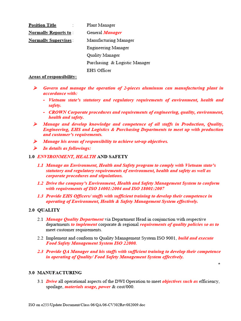 Plant Manager Role Overview | PDF | Occupational Safety And Health ...