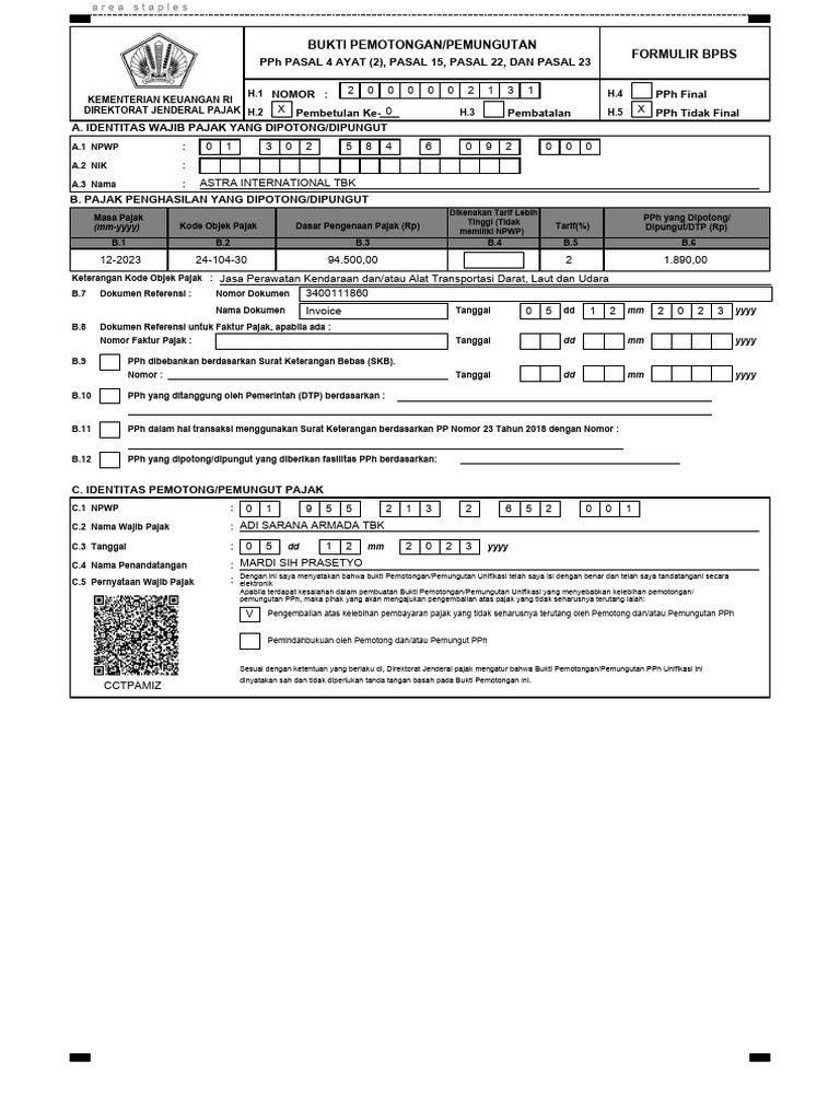 Contoh Bukti Potong | PDF