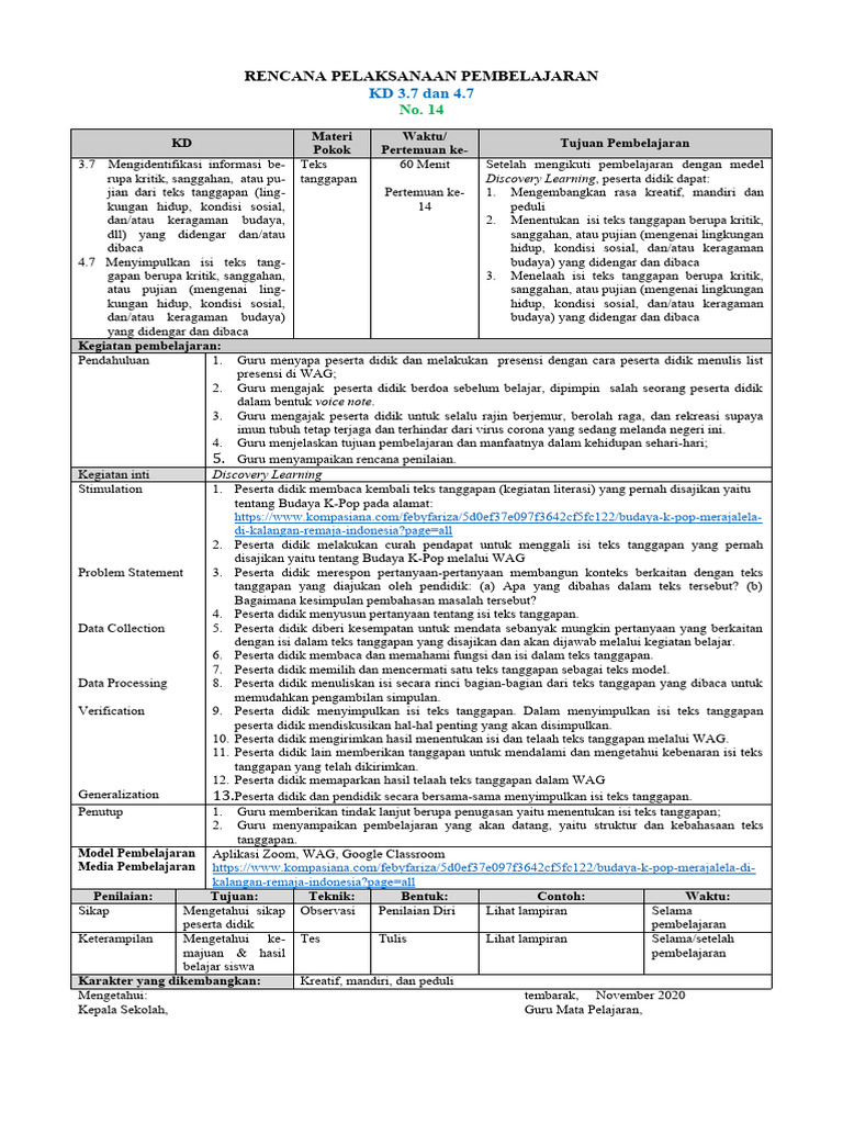RPP KD 3.7 Dan 4.7 Teks Tanggapan | PDF | Karier & Perkembangan | Seni & Disiplin Bahasa