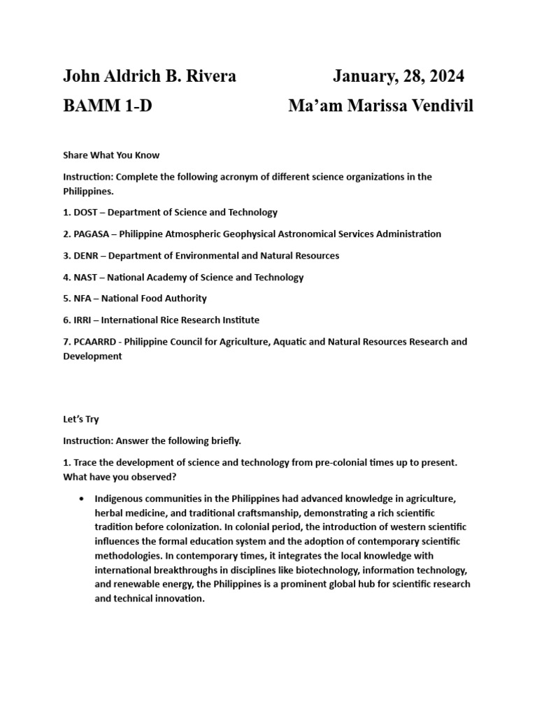 Assignment 4 STS John Aldrich Rivera Bamm 1-D | PDF | Science | Science, Technology, Engineering ...