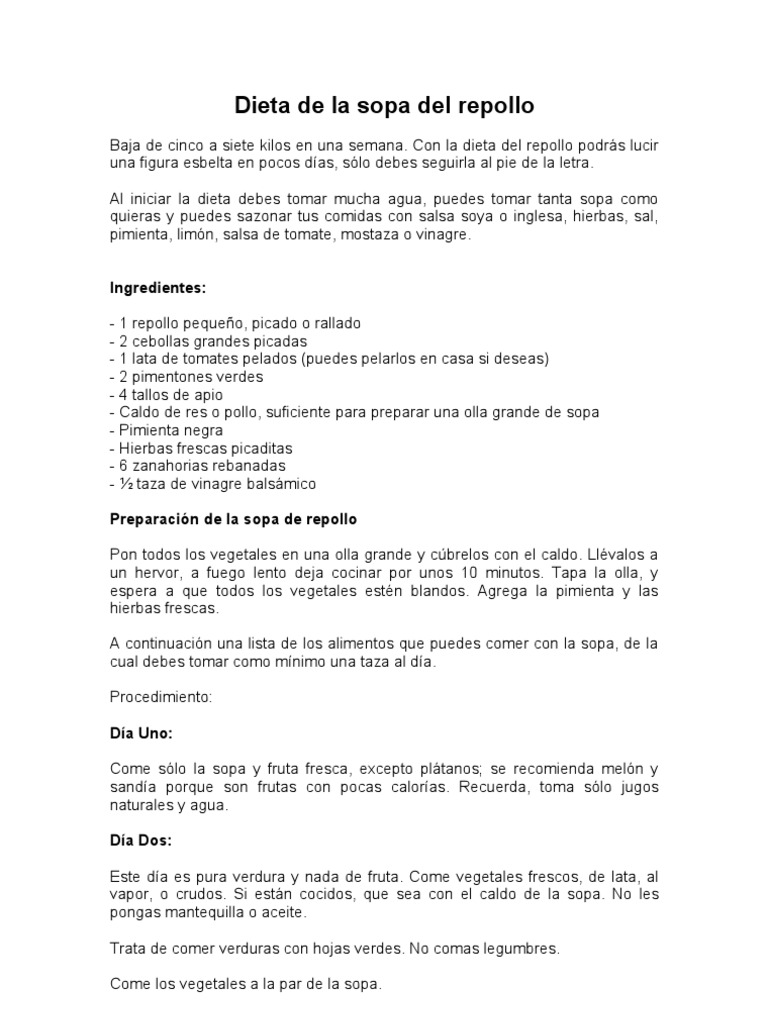 Dieta de La Sopa Del Repollo | Descargar gratis PDF | Sopa | Caldo