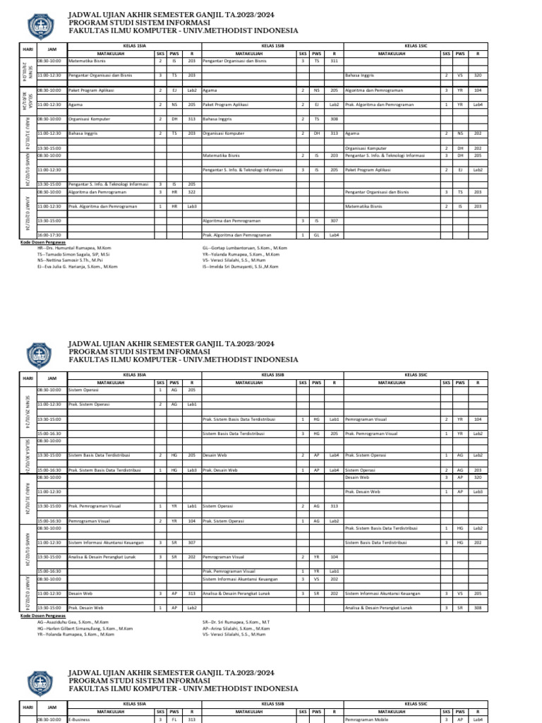 Jadwal UAS Ganjil 2023 2024 SI | PDF