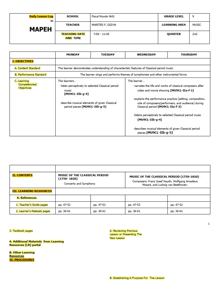 Grade 9 MAPEH Music Lesson Plan | PDF | Classical Period (Music) | Concerto