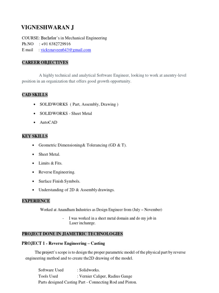 Vigneshwaran Resume | PDF | Technical Drawing | Sheet Metal Vigneshwaran Resume | PDF | Technical Drawing | Sheet Metal