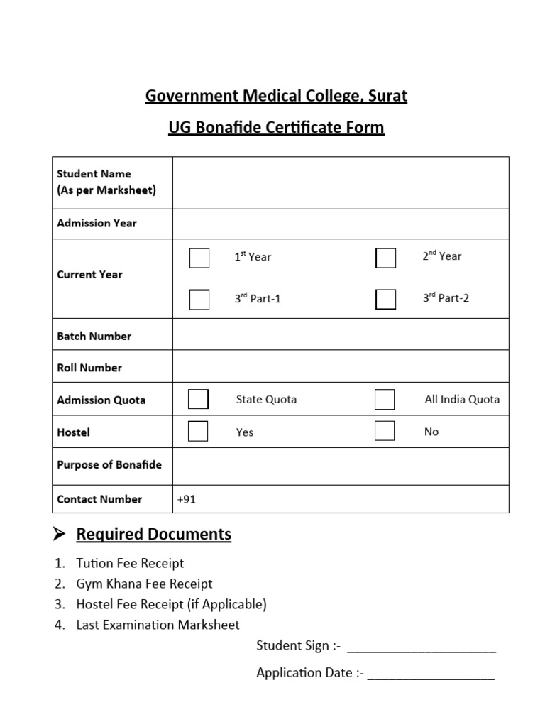 Bonafide Certificate Form Pdf
