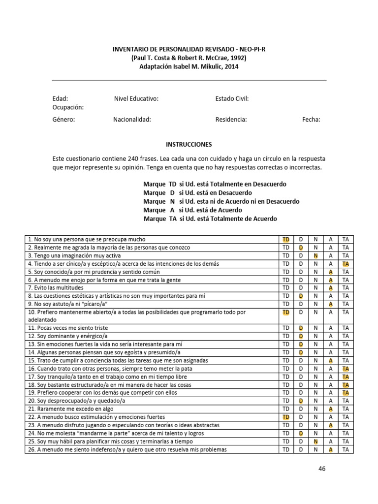 Neo Pi R Cuadernillo Preguntas | PDF