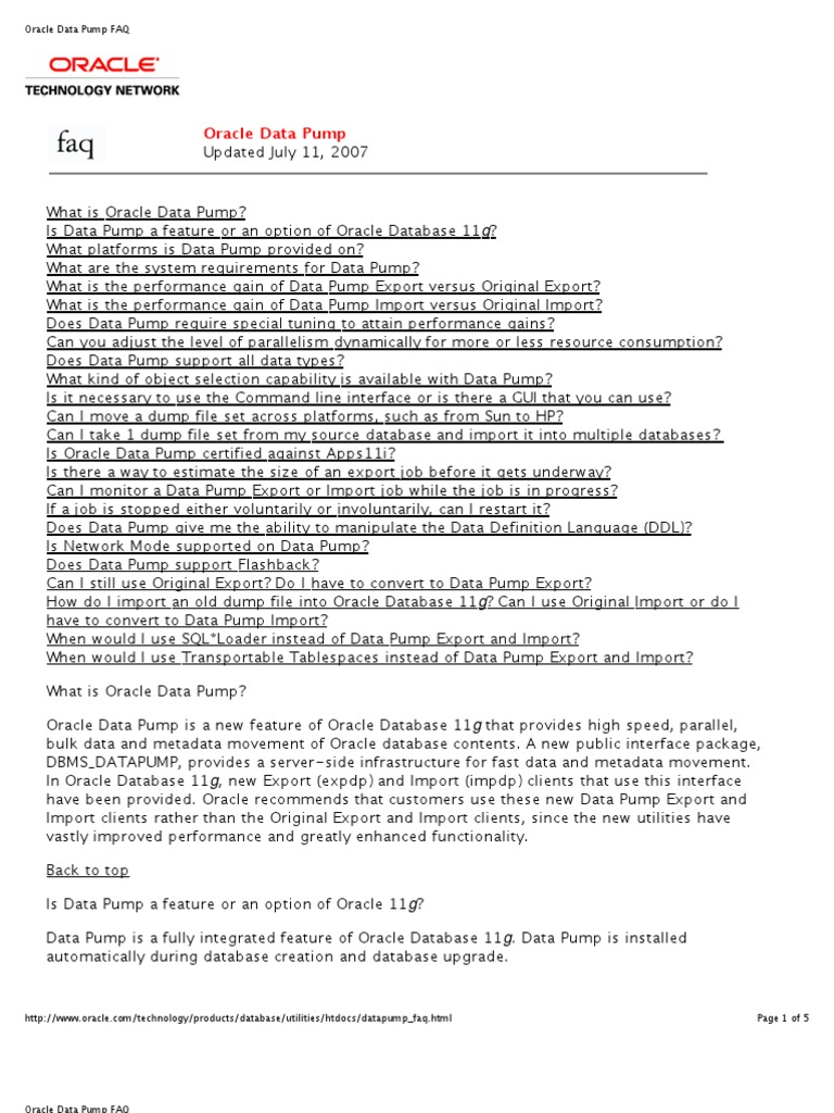 Oracle Data Pump Faq Pdf Oracle Database Databases