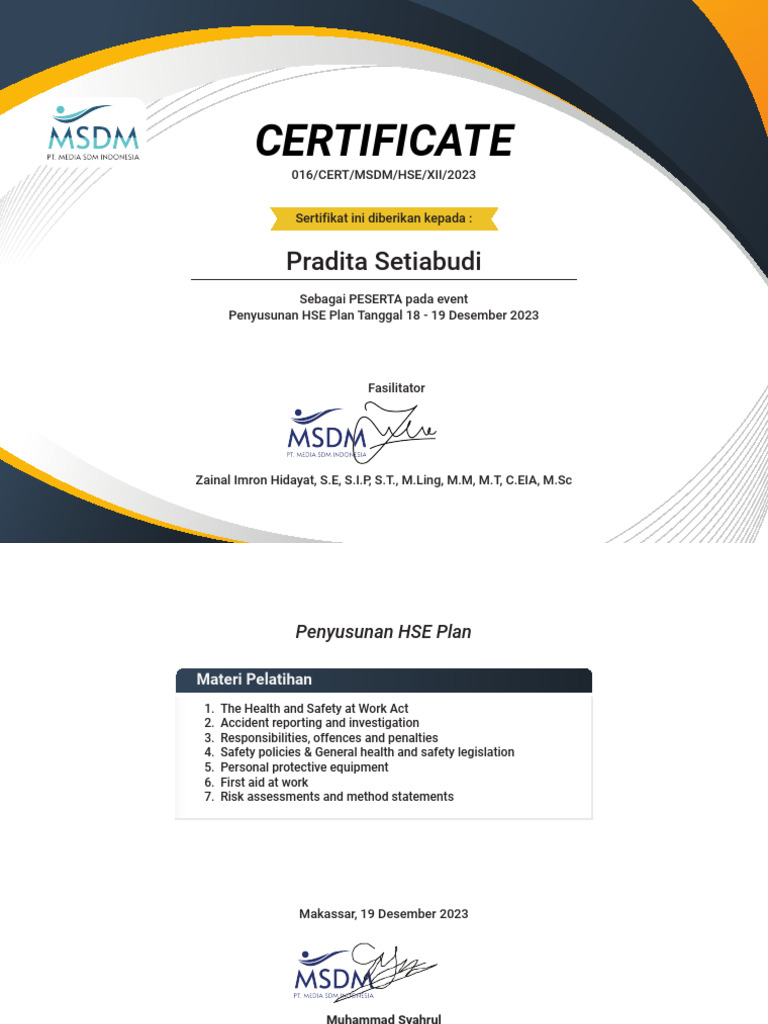 Contoh Sertifikat Pelatihan | PDF