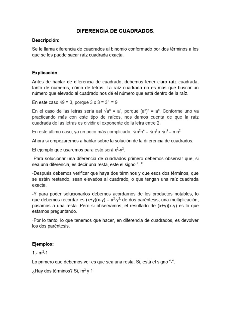 Diferencia de Cuadrados | PDF | Factorización | Raíz cuadrada