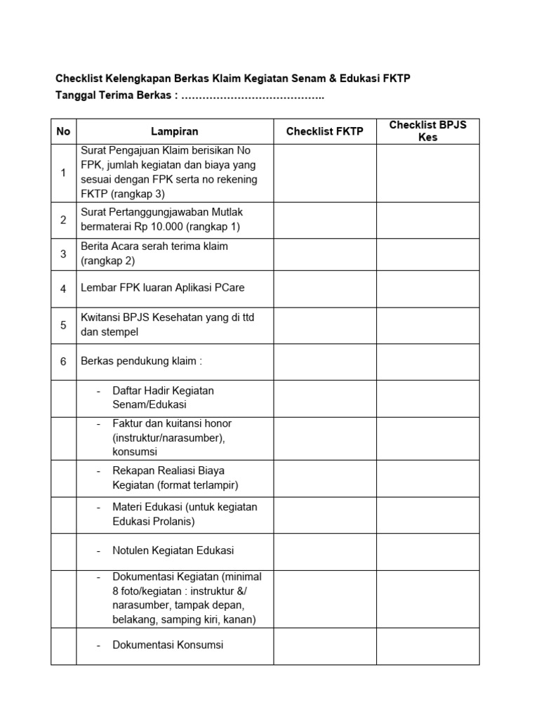 Checklist Kelengkapan Berkas Klaim Kegiatan Senam | PDF