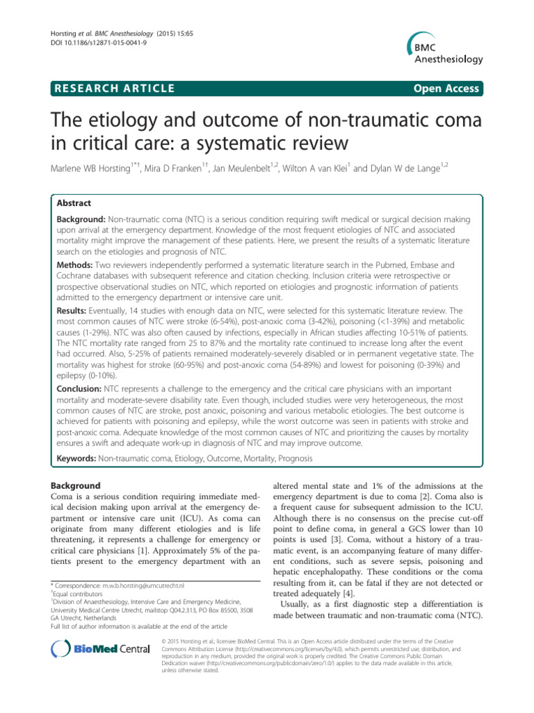 The Etiology and Outcome of Non Traumatic Coma in Critical Care | PDF