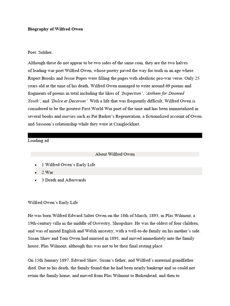 Biography of Wilfred Owen | PDF