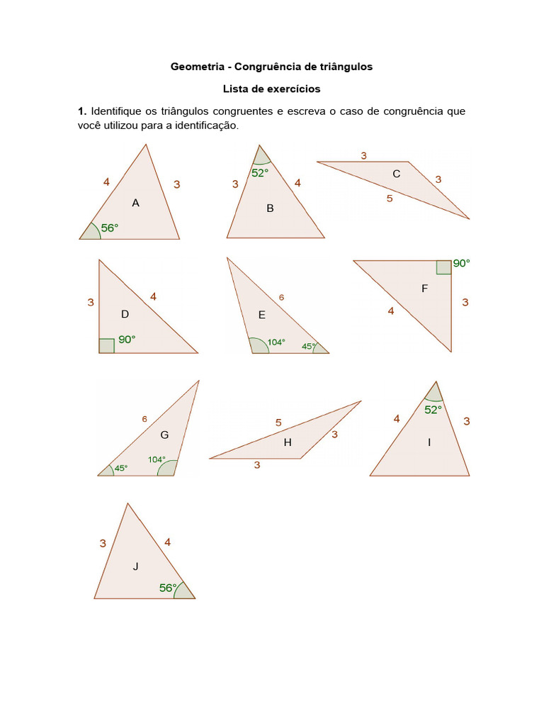 Exercícios Congruência de Triângulos | PDF | Triângulo | Geometria Clássica