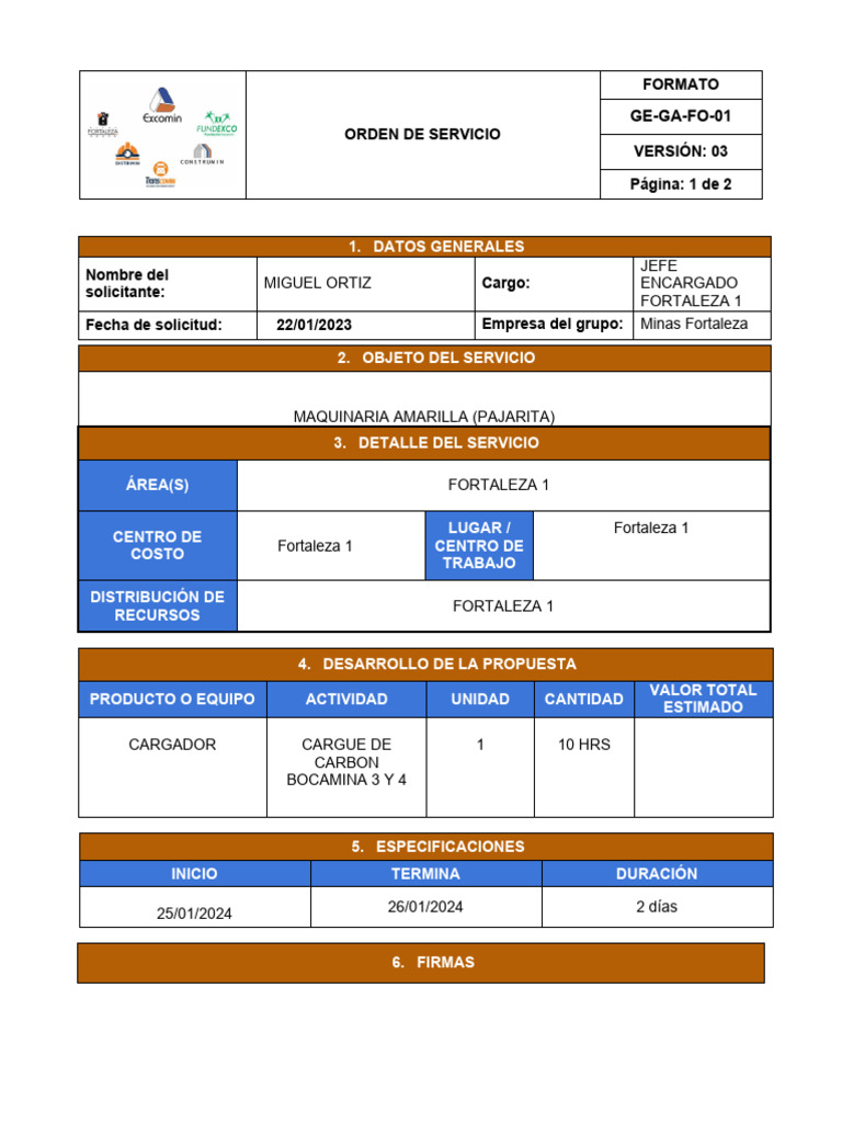 Orden de Servicio Cargador 25 01 2024 | PDF