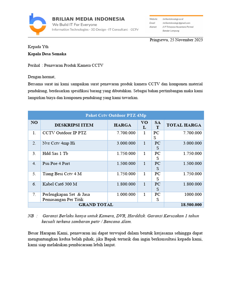 Proposal Penawaran CCTV Brilian Teknologi Semaka Bagian 2 | PDF