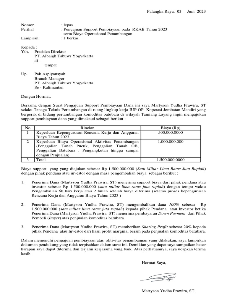 Surat Pengajuan Support Pembiayaan To Pt. Aty | PDF