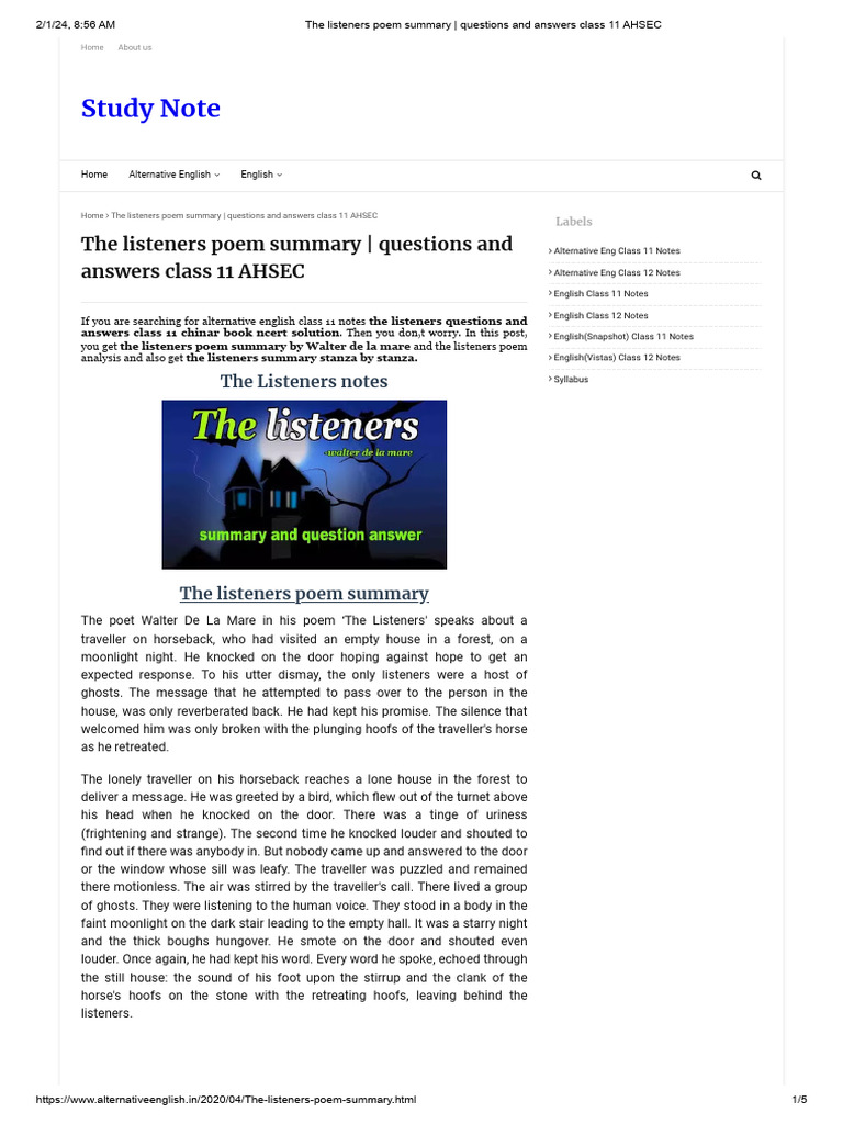 The Listeners Poem Summary - Questions and Answers Class 11 AHSEC | PDF