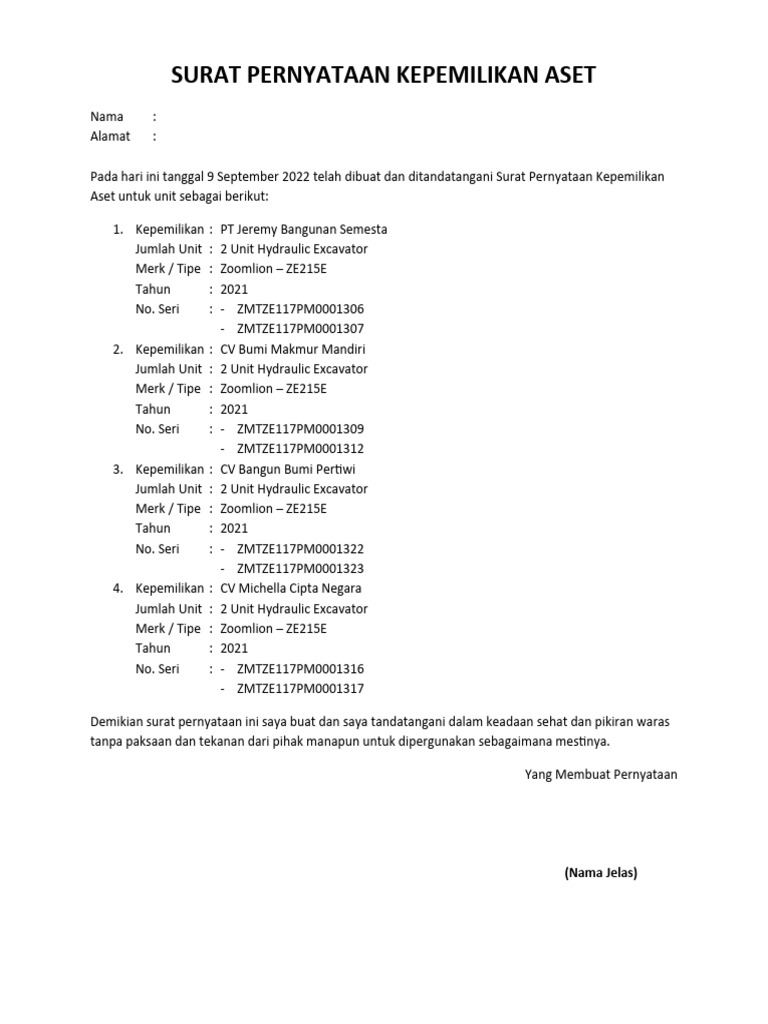 Surat Pernyataan Kepemilikan Aset | PDF