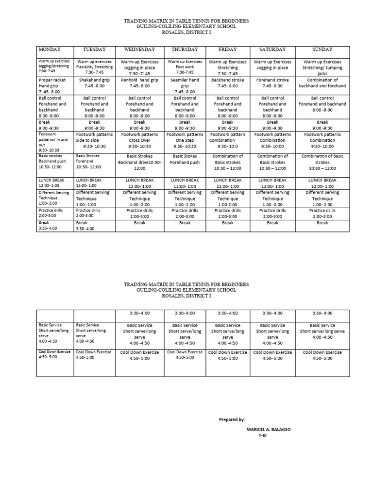 Training Matrix Table Tennis | PDF | Individual Sports | Games Of ...