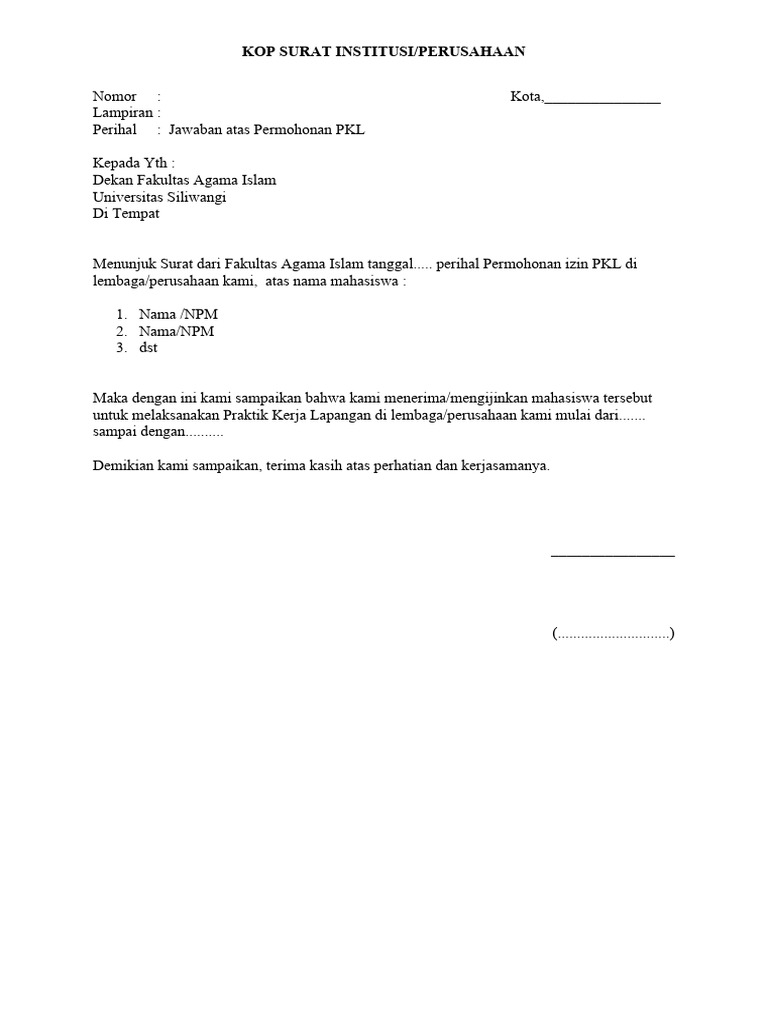 Contoh Surat Penerimaan PKL | PDF