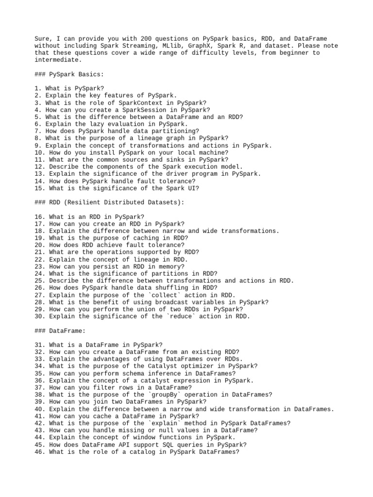 Pyspark Theory Questions Pdf Apache Spark Computing