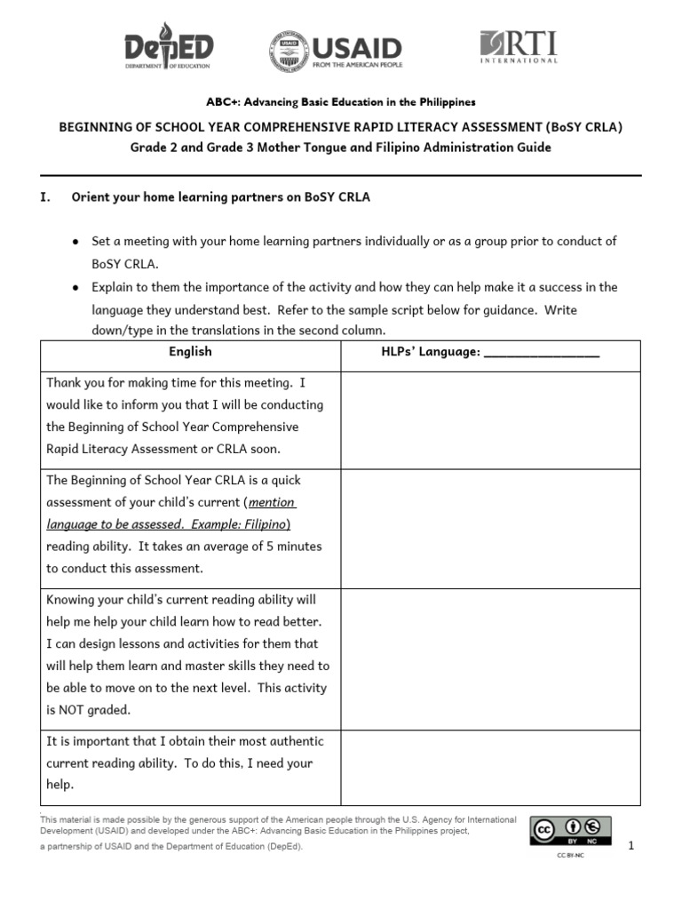 Grade 2 CRLA Administration Guide | PDF | Literacy | Philippines