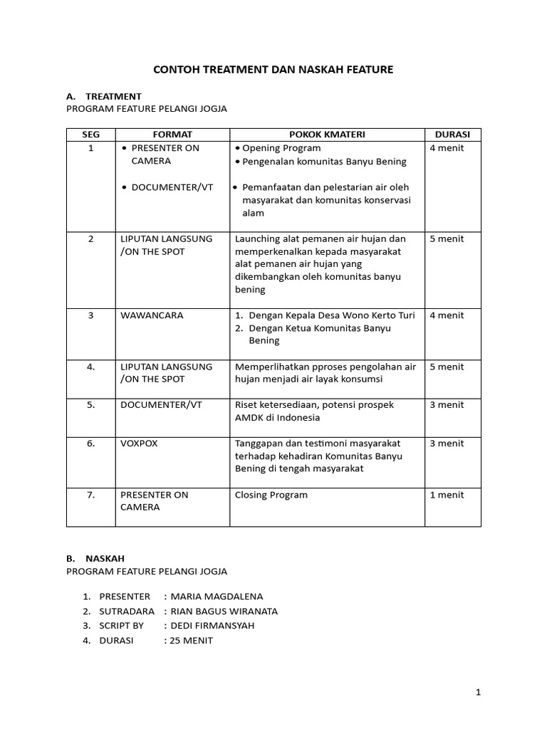CONTOH TREATMENT DAN NASKAH FEATURE | PDF