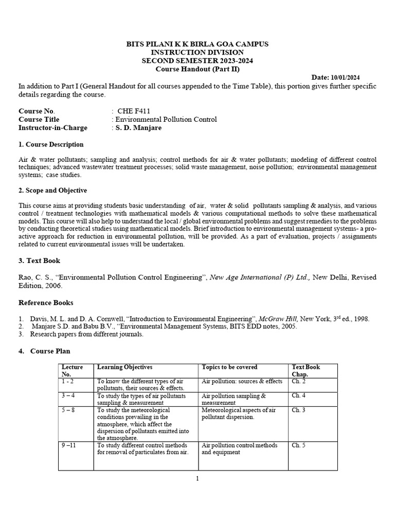 Handout - CHE F411 | PDF | Sewage Treatment | Air Pollution