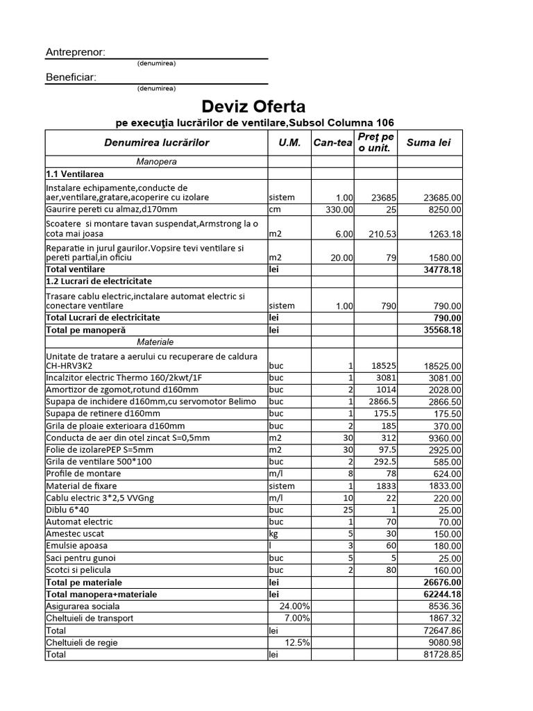 Deviz Recuperator Columna 106 | PDF