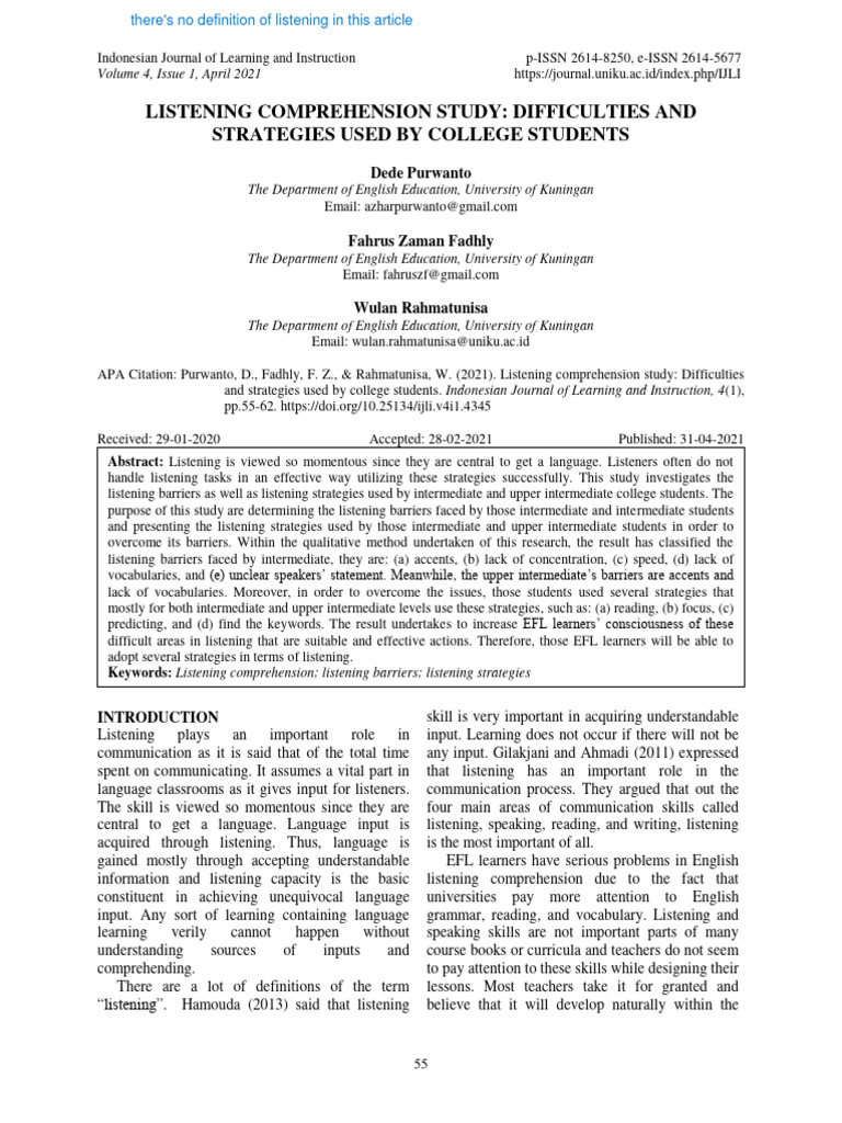 Listening Comprehension Challenges in EFL | PDF