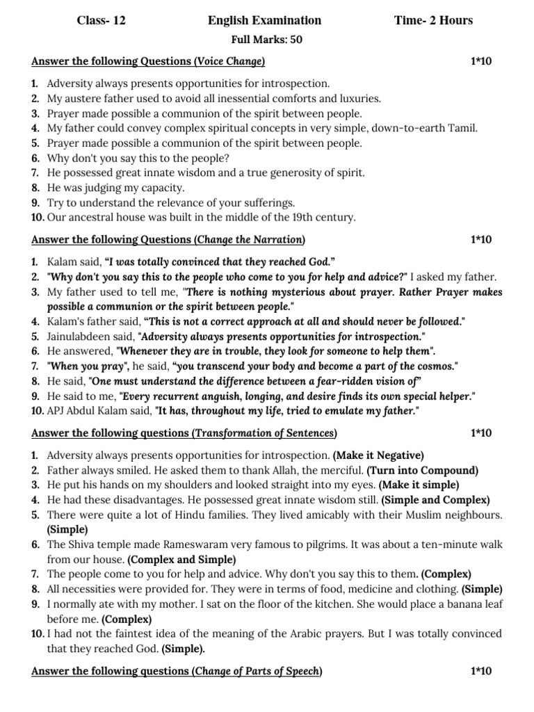 Class 12 Grammar Questions | PDF