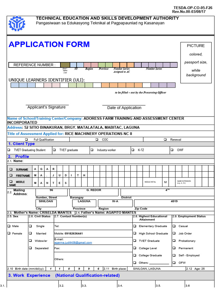 Application Form For Assessment RMO NCII | PDF