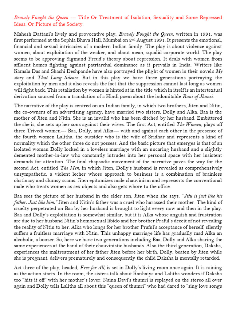 Dattani's Bravely Fought the Queen Analysis | PDF
