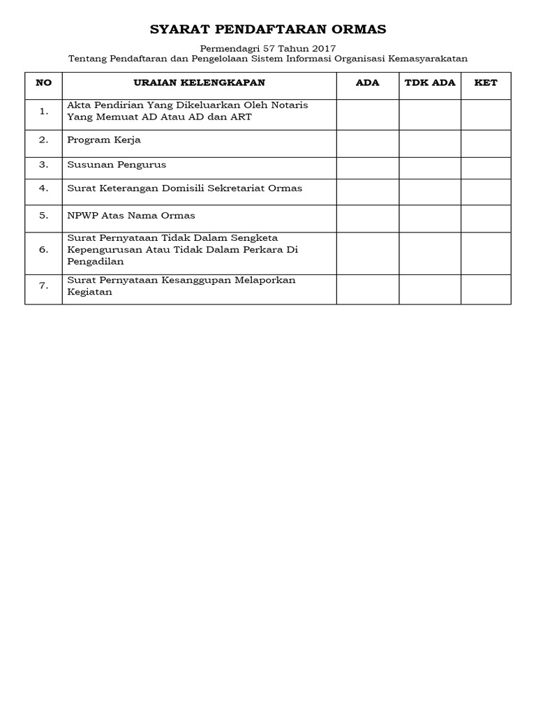 Formulir Kelengkapan Persyaratan Ormas | PDF