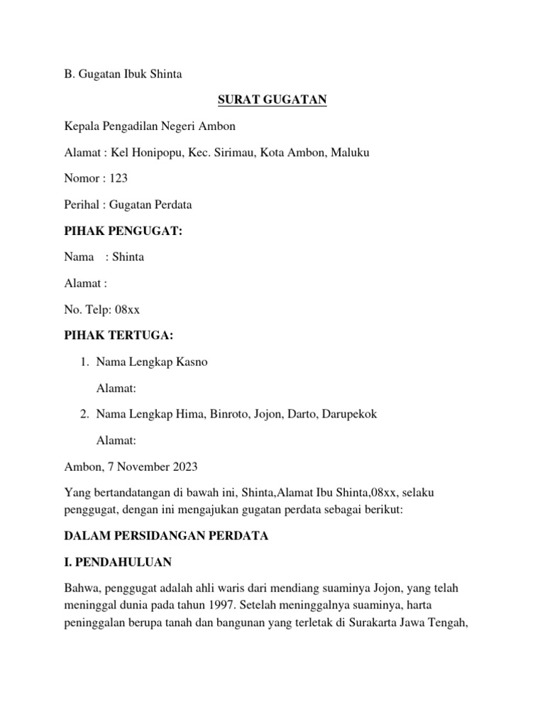 Contoh Petitum Gugatan Perdata Shinta | PDF | Politik | Hukum