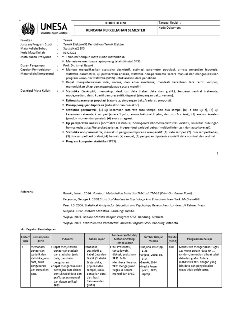 RPS Statistika S1 FT Te | PDF | Seni | Sains & Matematika