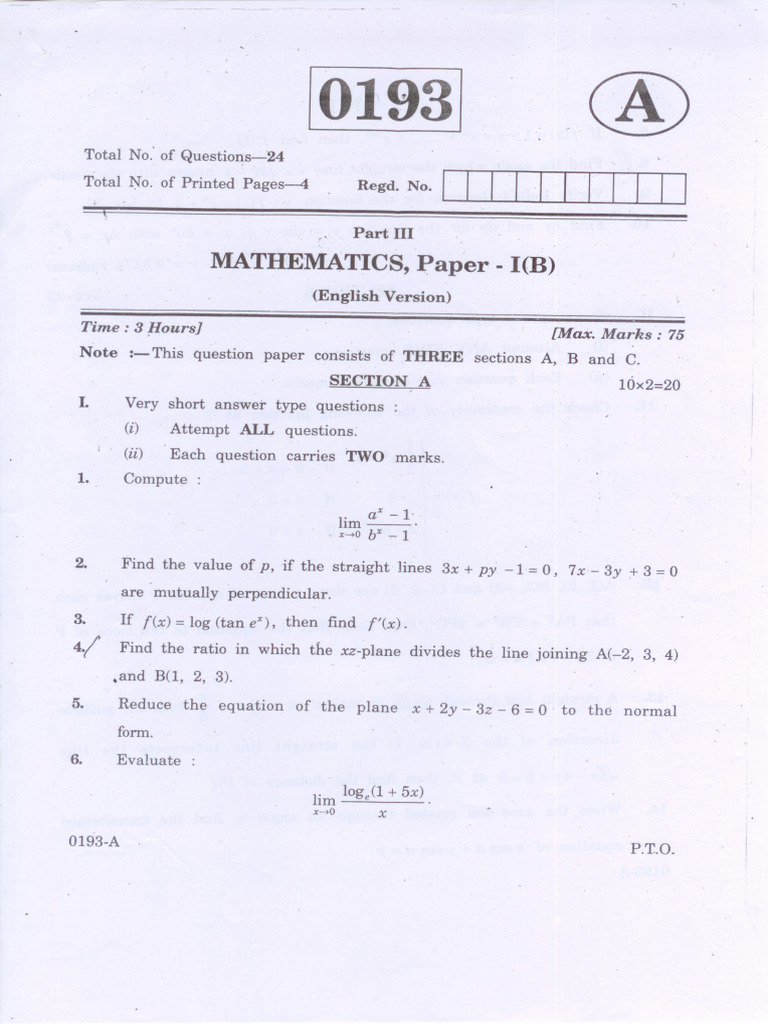 TS Inter 1st Year Mathematics I (B) EM March 2019 | PDF